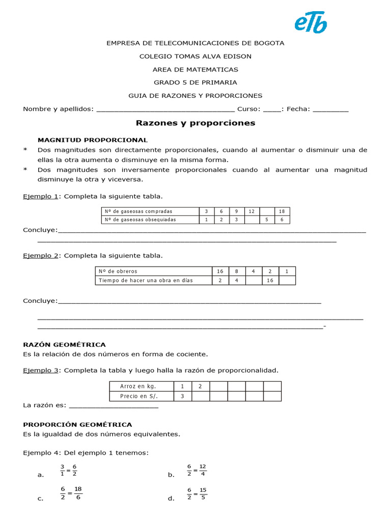 Guia de Razones y Proporciones Grado 5 | PDF | Matemáticas