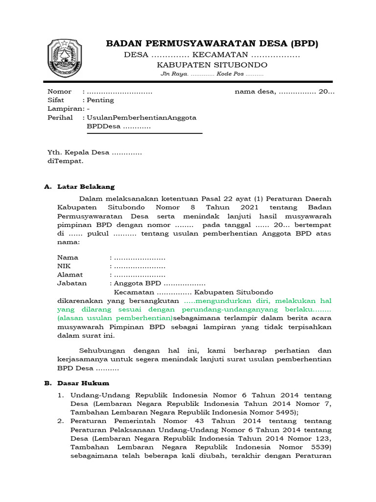 Contoh - Surat Pemberhentian BPD (Dari BPD) | PDF | Griya & Taman