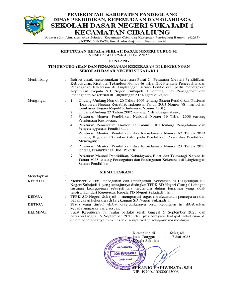SK Kepala Satuan Pendidikan Pembentukan TPPK 2023 | PDF