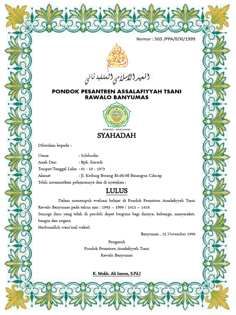 Syahadah Bapak Sholeh Acc | PDF