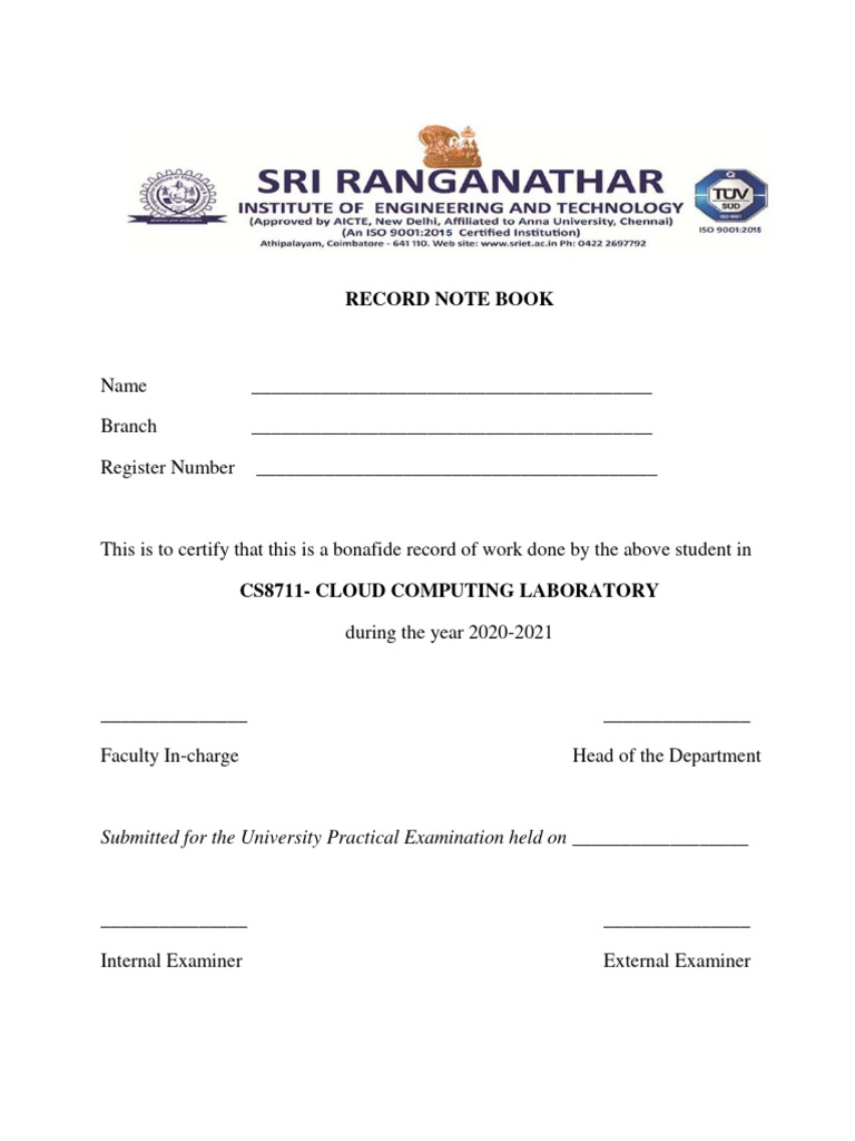 CS8711 - Cloud Computing Record | PDF | Apache Hadoop | Installation (Computer Programs)