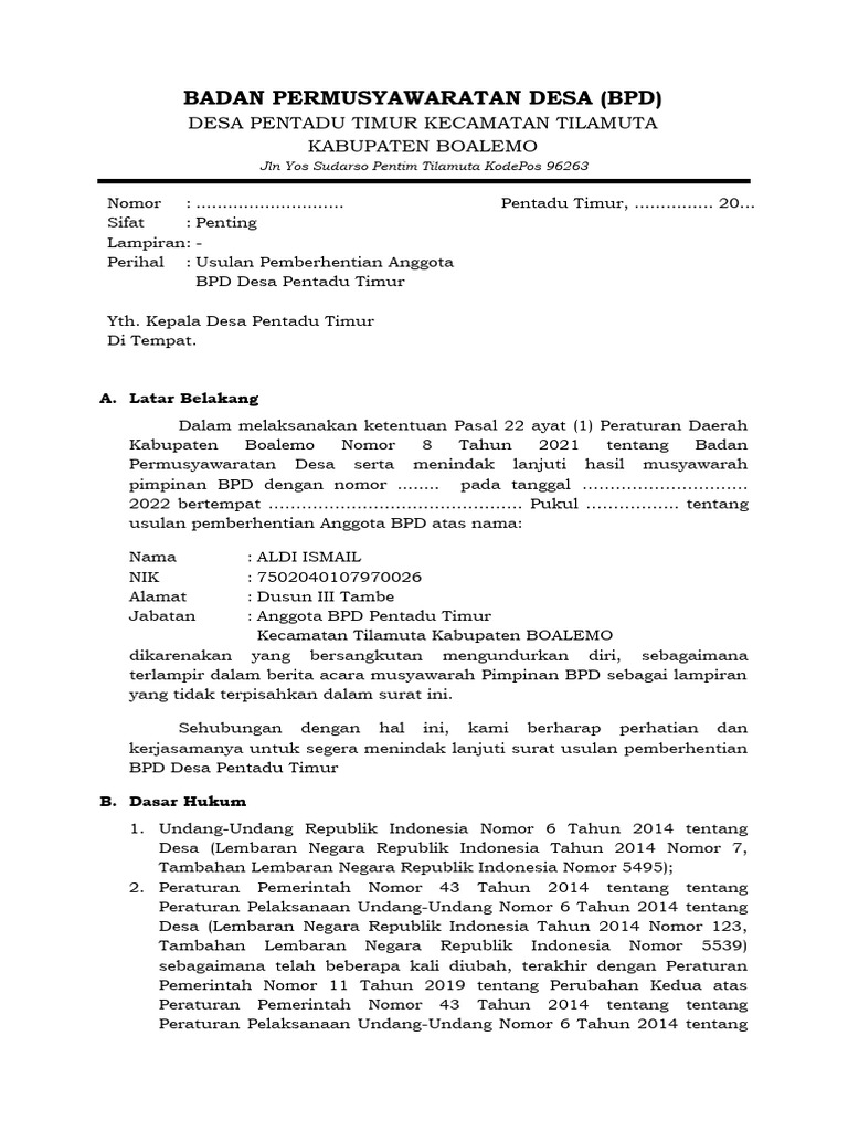 Surat Pemberhentian BPD (dari BPD) | PDF