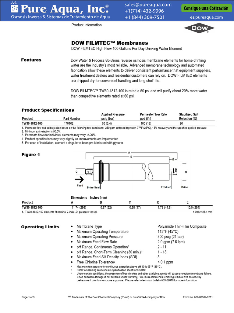 Filmtec Tw30 1812 100 Elementos de Membranas | PDF | Membrane ...