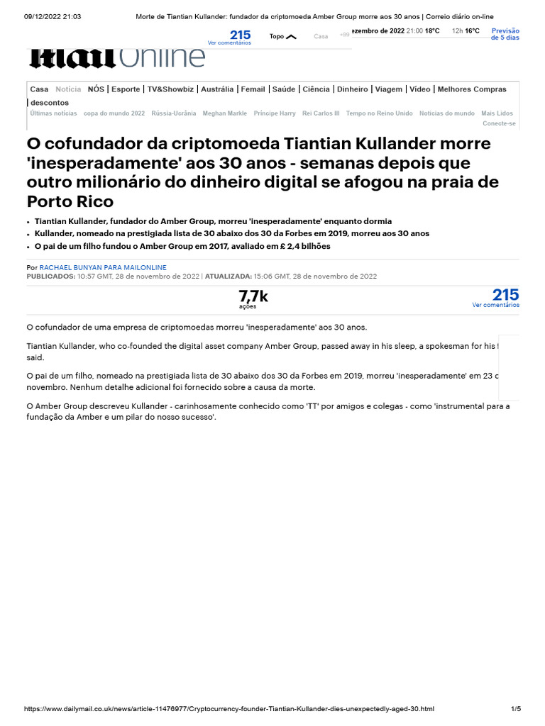 Morte de Tiantian Kullander - Fundador Da Criptomoeda Amber Group Morre Aos 30 Anos - Correio ...