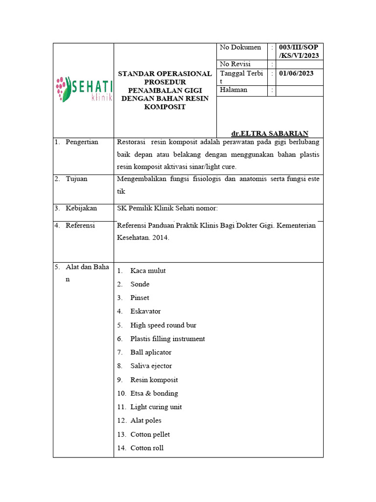 Sop Penambalan Gigi Dengan Resin | PDF