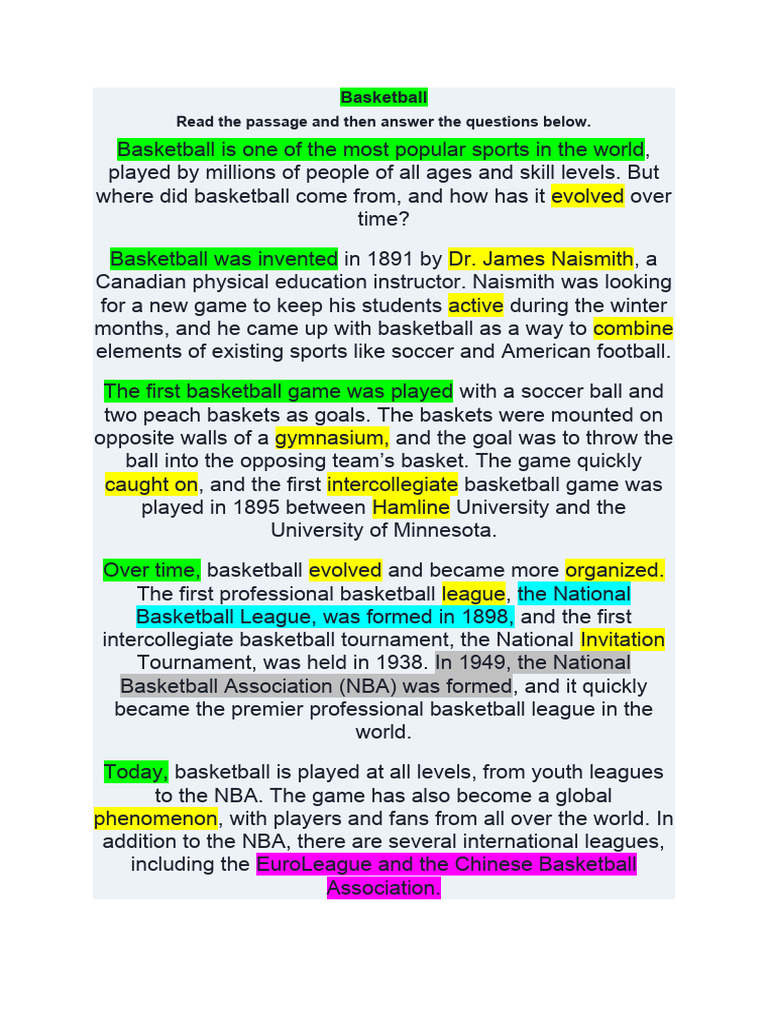Basketball (Reading and Comprehension) | PDF | Sports & Recreation | Travel