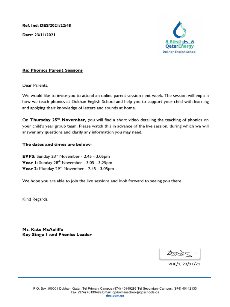 Phonics Session Letter | PDF