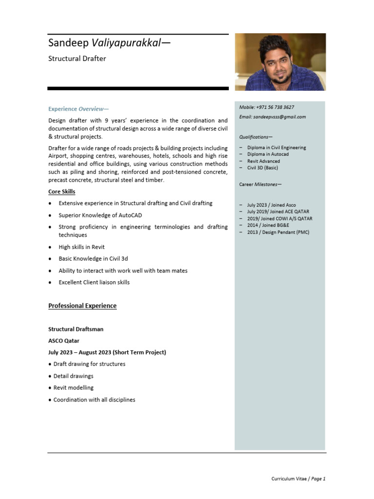 Structural Drafter CV - Sandeep Valiyapurakkal | PDF | Technical ...