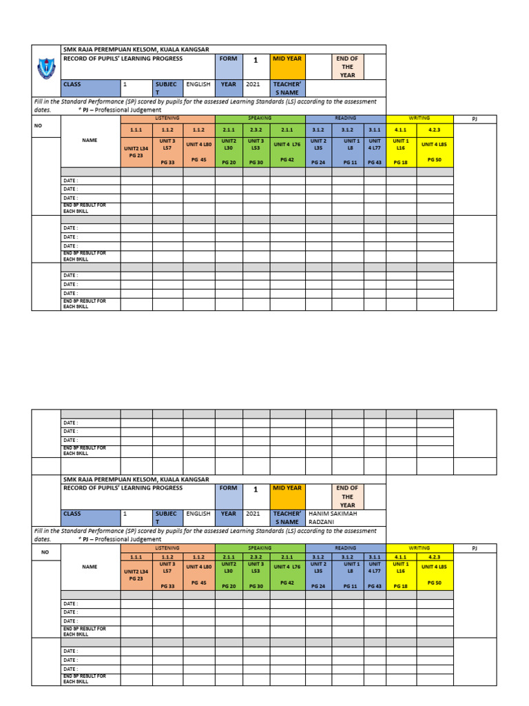 PBD Borang Perkembangan Murid f1 | PDF