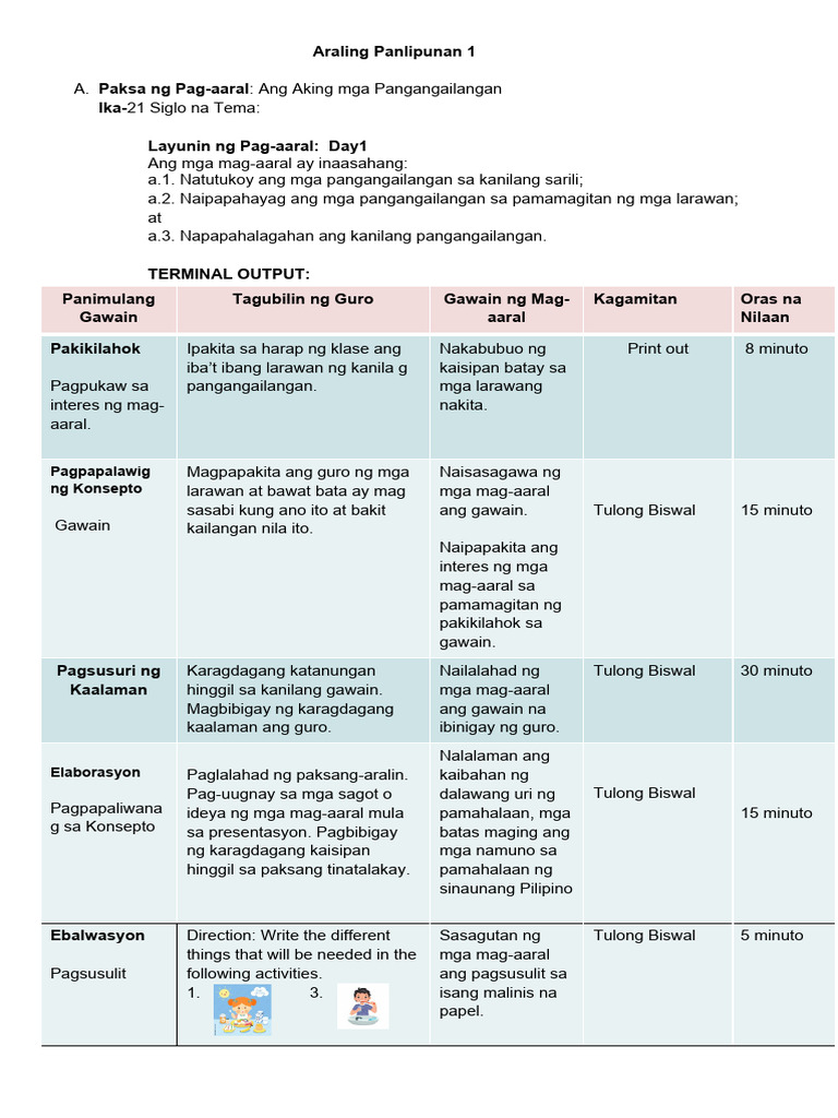 Grade 1 Q1 Day 1 Lesson W2 | PDF