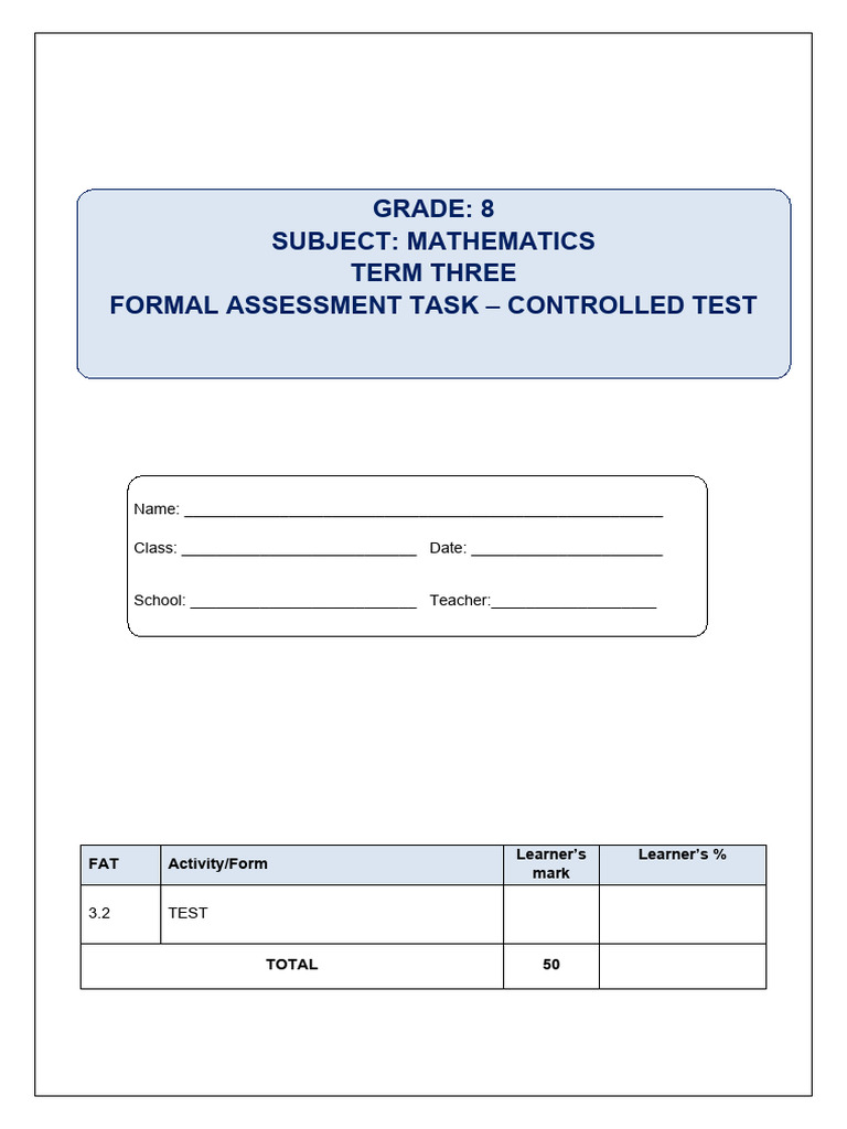 Mathematics GR 8 Test Term 3 | PDF | Area | Geometry