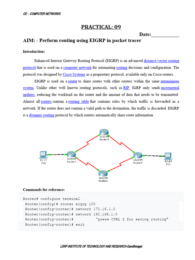 CN - Prac 09 EIGRP | PDF | Routing | Router (Computing)