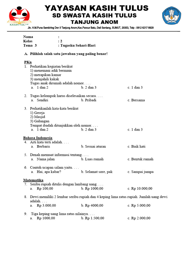 Soal Kelas 2 Tema 3 | PDF | Seni & Disiplin Bahasa | Seni