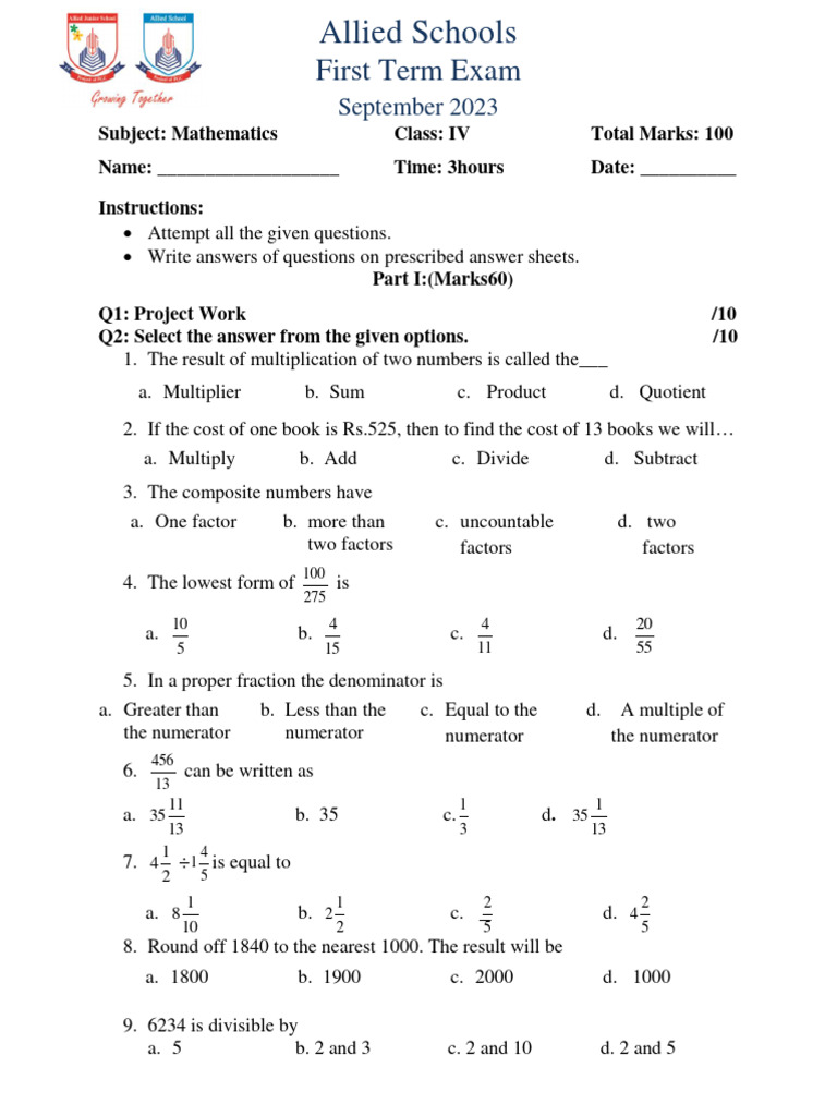 Mathematics Exam for Class IV - Sept 2023 | PDF | Numbers ...