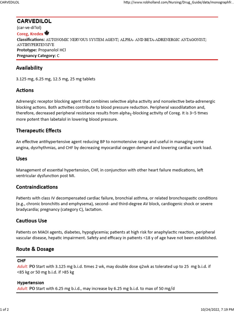CARVEDILOL Nursing implications | PDF | Clinical Medicine | Pharmacology