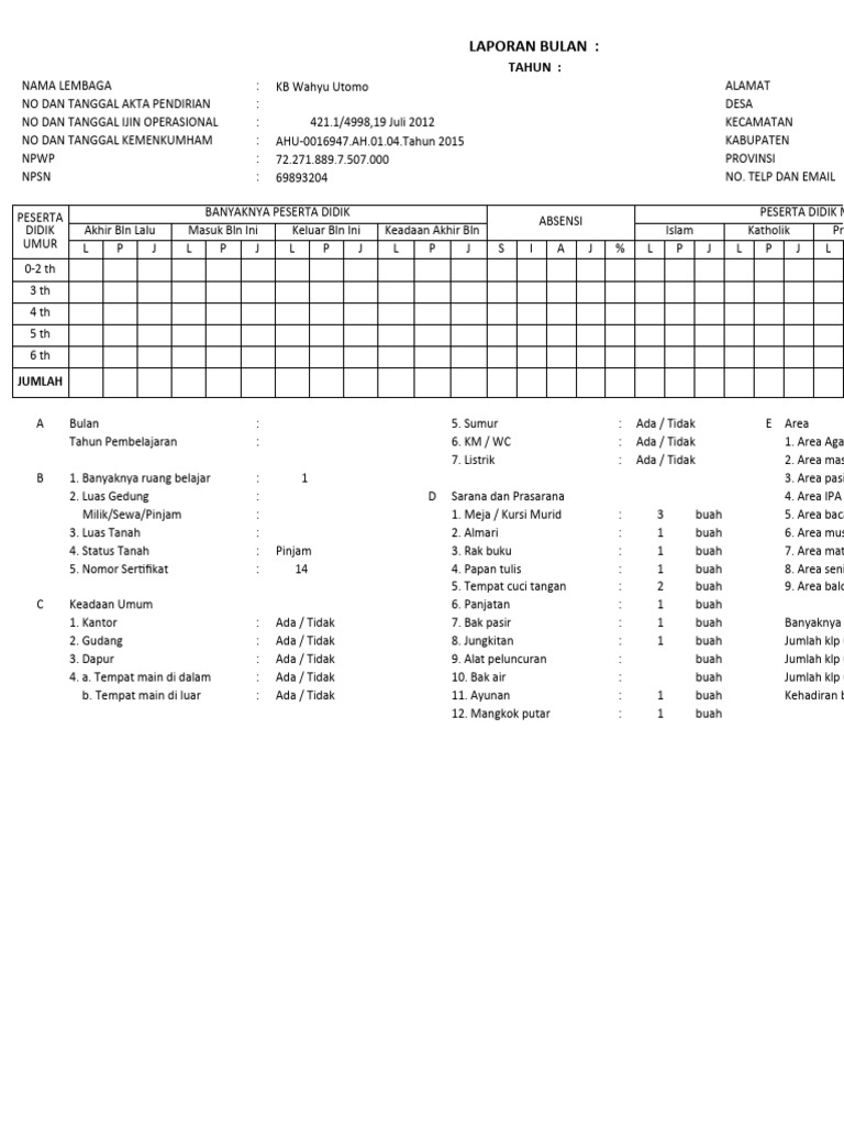 Blanko Laporan Bulan Paud-KB Wahyu Utomo | PDF