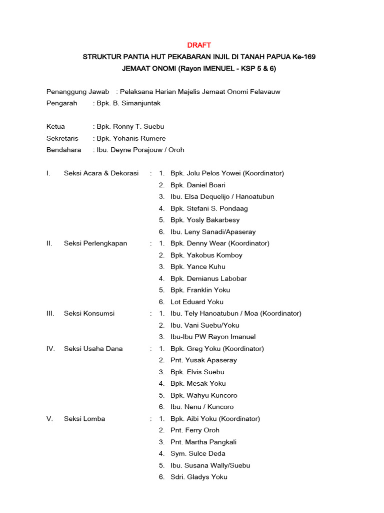 Draft - Struktur Pantia Hut Pi 169 Di Jemaat Onomi | PDF | Seni & Disiplin Bahasa