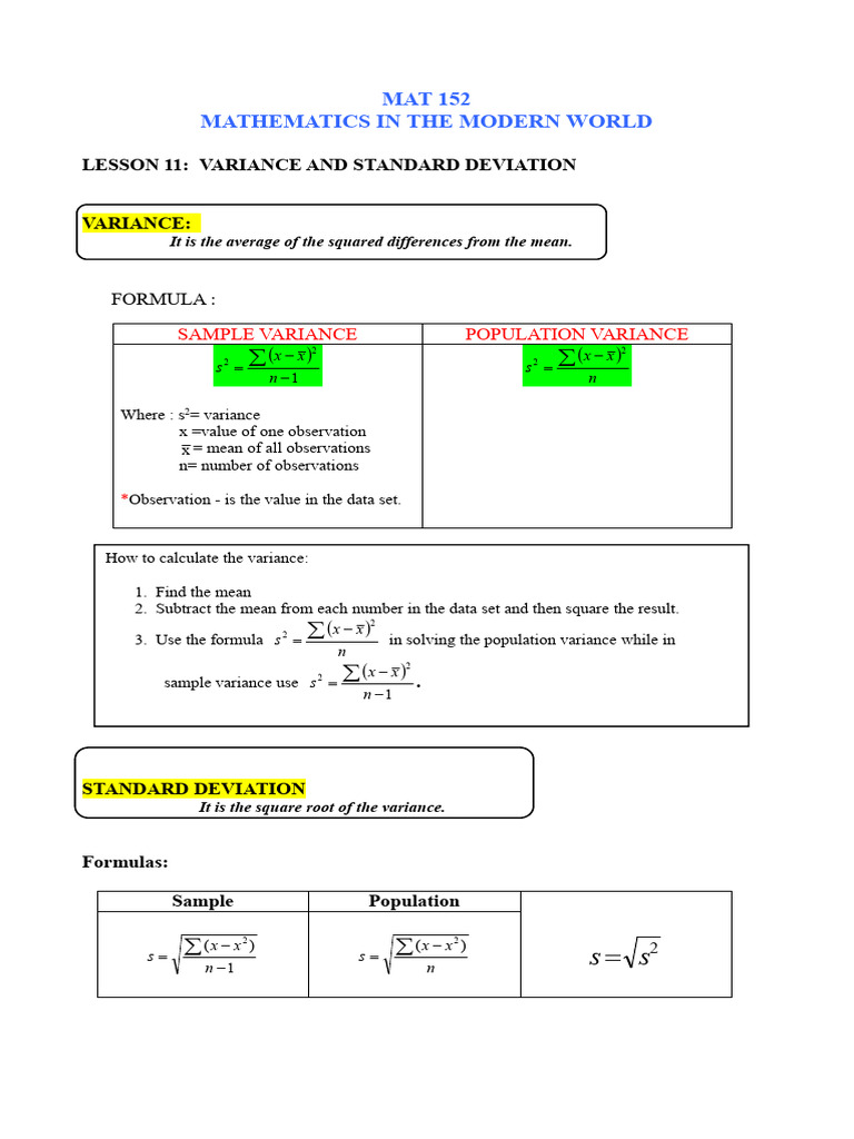 Lesson 11 Variance and Standard Deviation | PDF | Variance | Standard ...