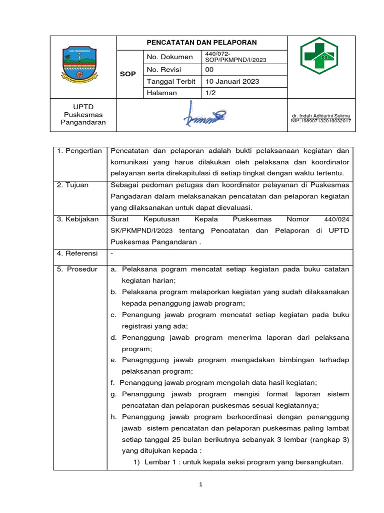 Sop Pencatatan Dan Pelaporan Dokumen | PDF | Teknologi & Rekayasa
