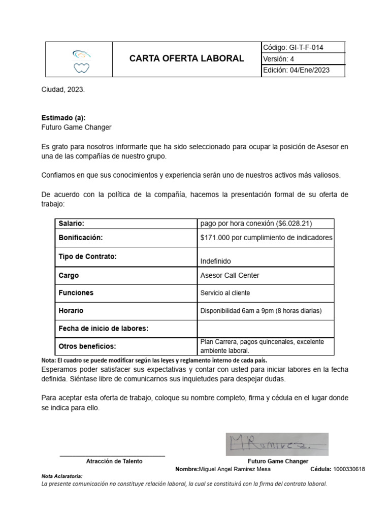 Carta Oferta Laboral MERCADO LIBRE | PDF