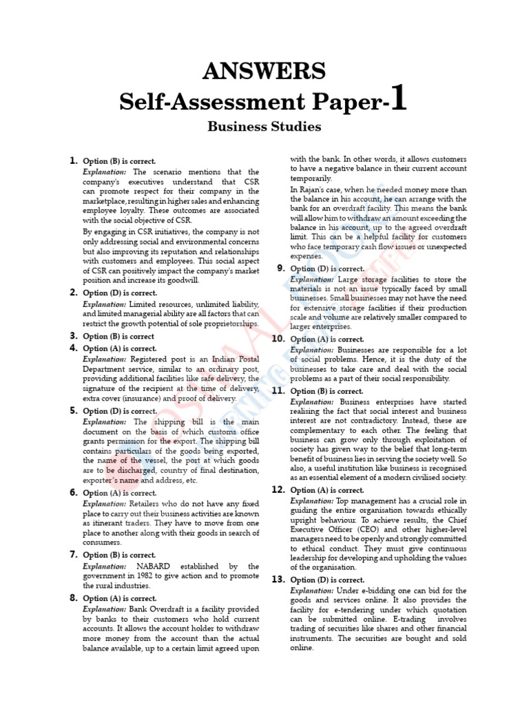 Answers Self-Assessment Paper-: Business Studies | PDF | Finance ...