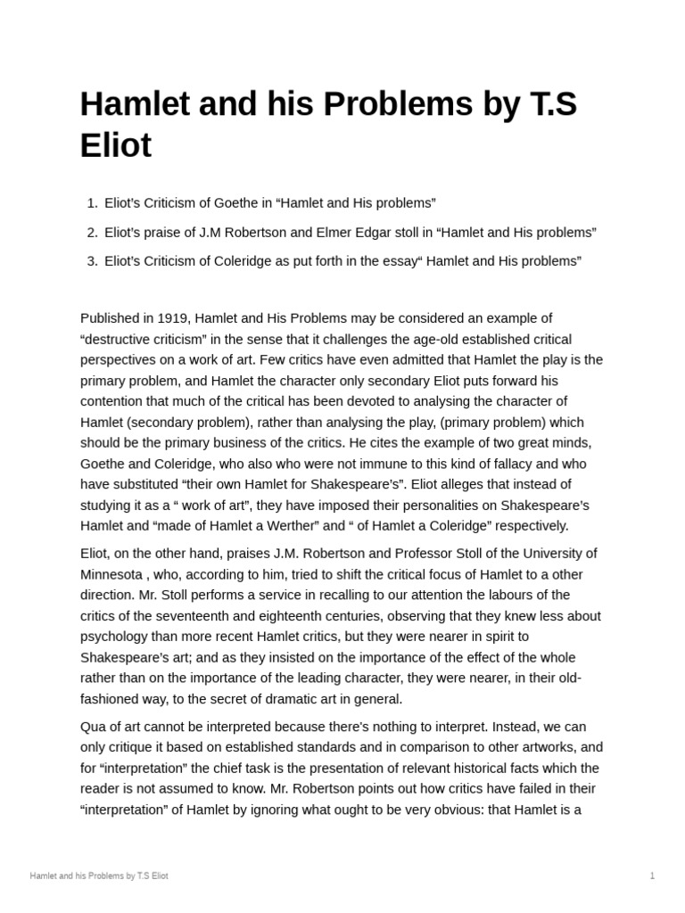 Hamlet and His Problems by T.S. Eliot | PDF