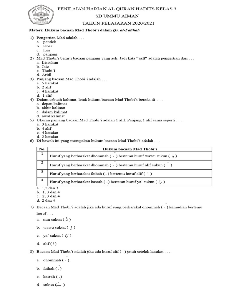 UH Qurdis Bab 2 Kelas 3 - TP 2020 - 2021 | PDF