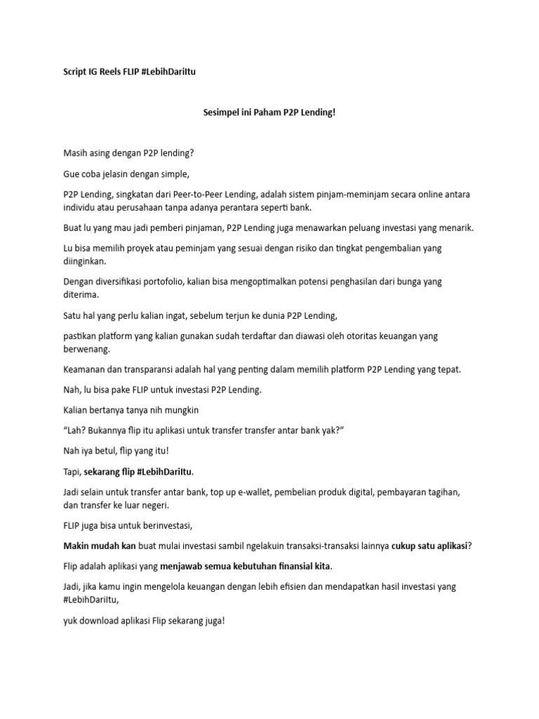Script IG Reels FLIP - Diversifikasi Investasi (Revisi) | PDF