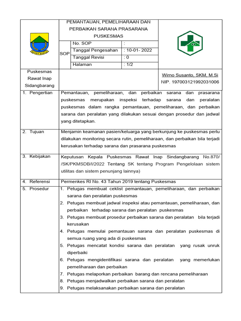 SOP Pemantauan Pemeliharaan Dan Perbaikan Sarana Dan Prasarana Puskesmas | PDF
