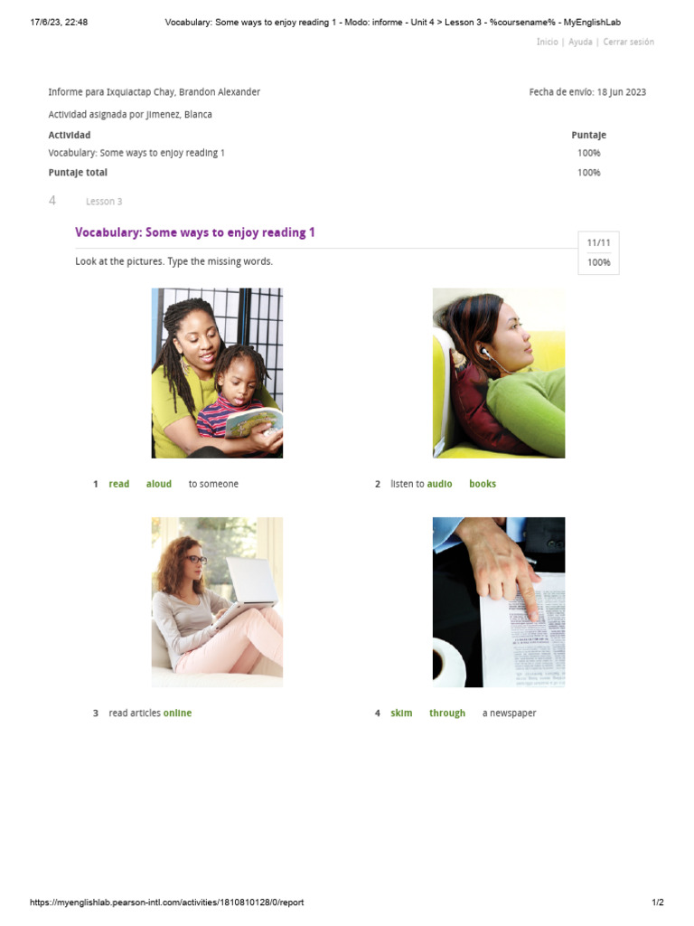 Vocabulary - Some Ways To Enjoy Reading 1 - Modo - Informe - Unit 4 - Lesson 3 - MyEnglishLab | PDF