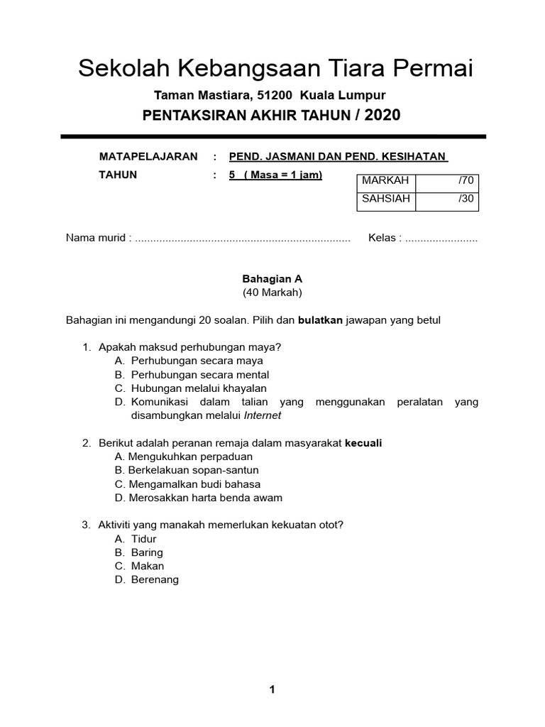 Pat PJK Tahun 5 2020 | PDF