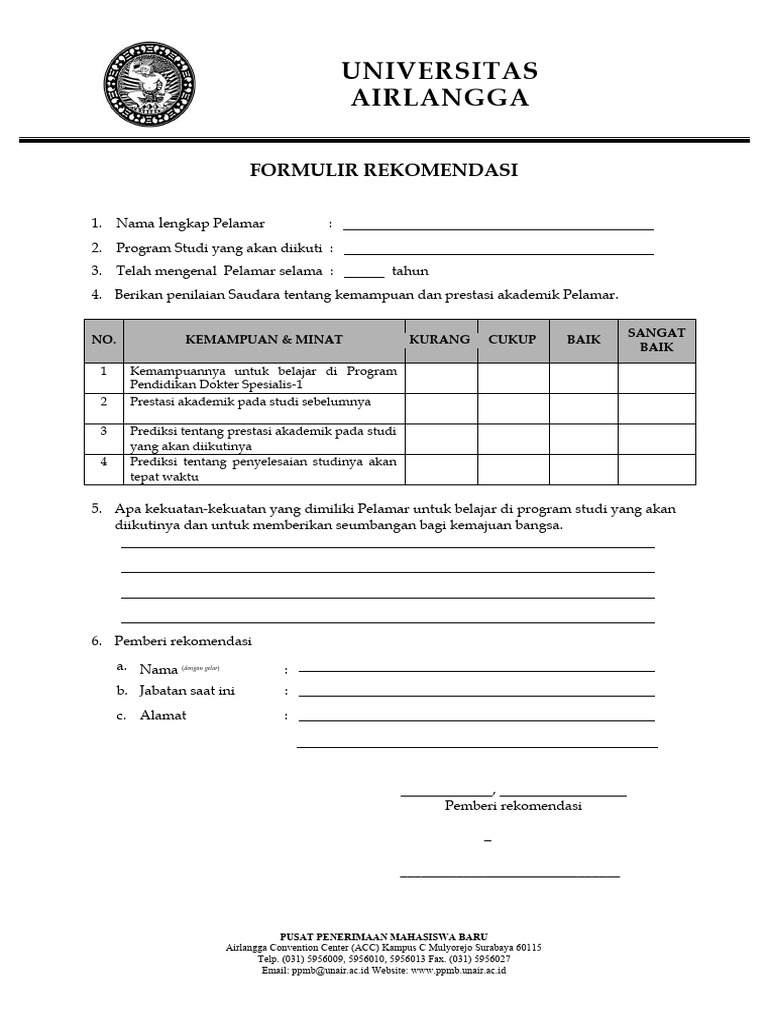 Universitas Airlangga: Formulir Rekomendasi | PDF