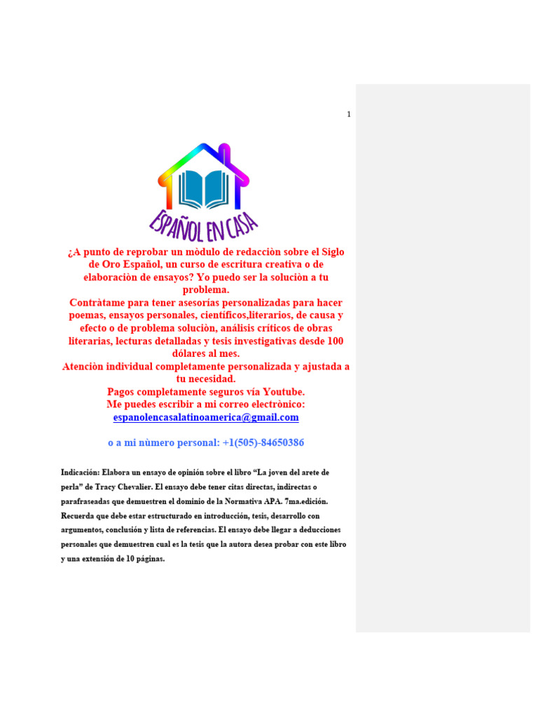 Cómo Hacer Un Ensayo Sobre El Libro La Chica Con El Arete de Perla de ...