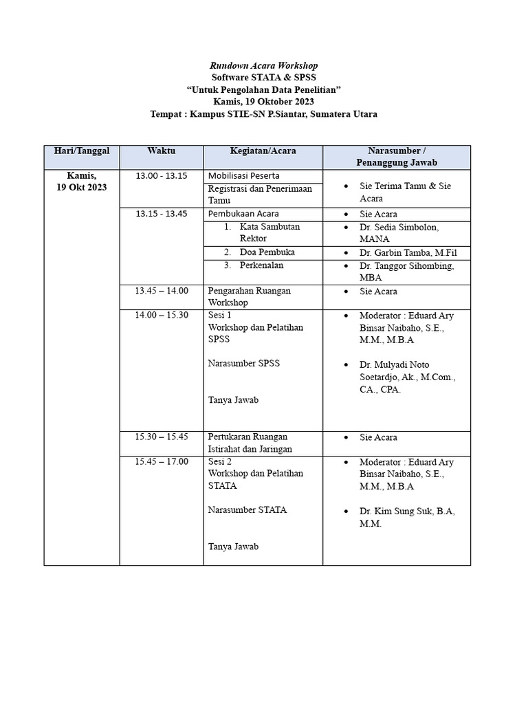 Rundown Acara Workshop SPSS & STATA[1] | PDF