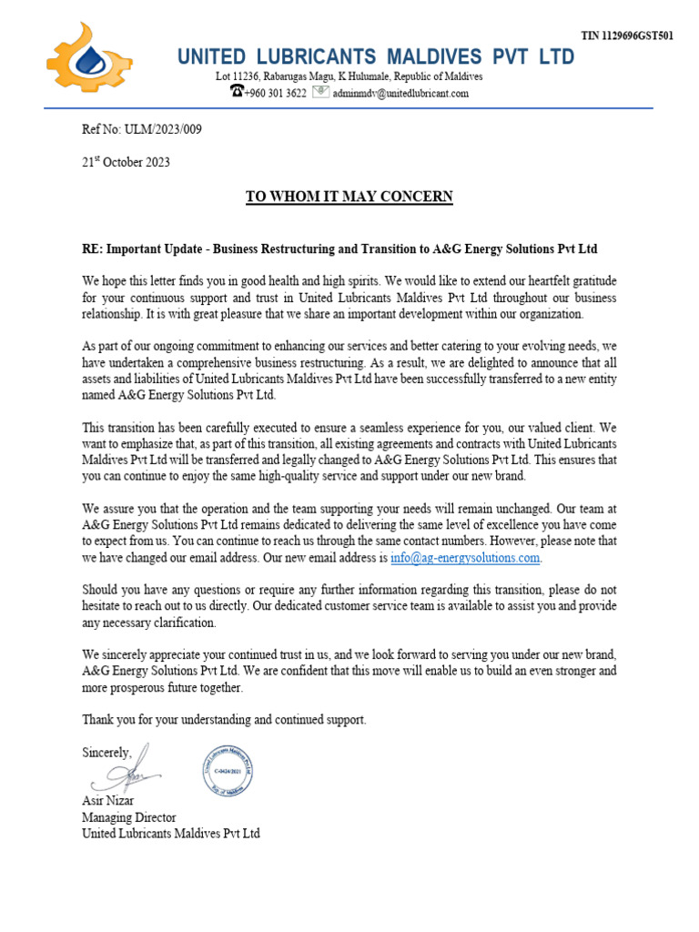 Letter - Business - Restructuring - ULM To A&G Energy Solutions - 1 ...