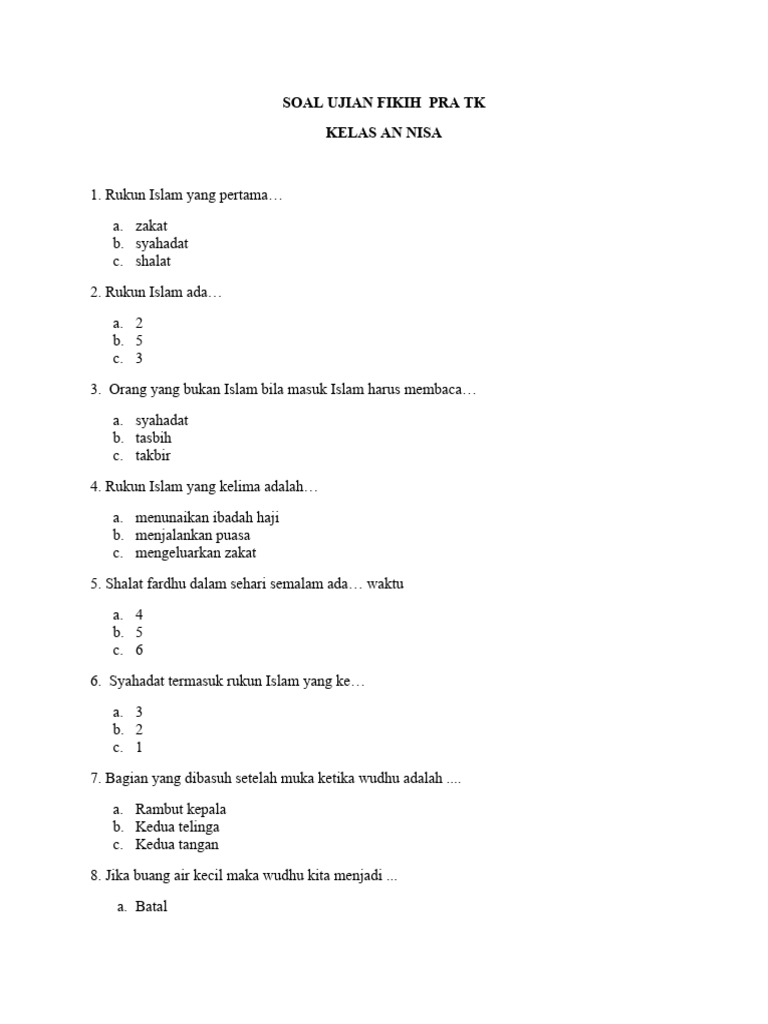 Soal Fiqih Pra TK | PDF