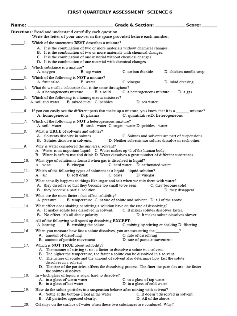 Science Quiz for Grade 6 Students | PDF | Mixture | Filtration