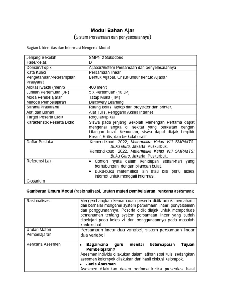 Modul Ajar Bab 2.1 Sistem Persamaan Linear Dua Variabel | PDF