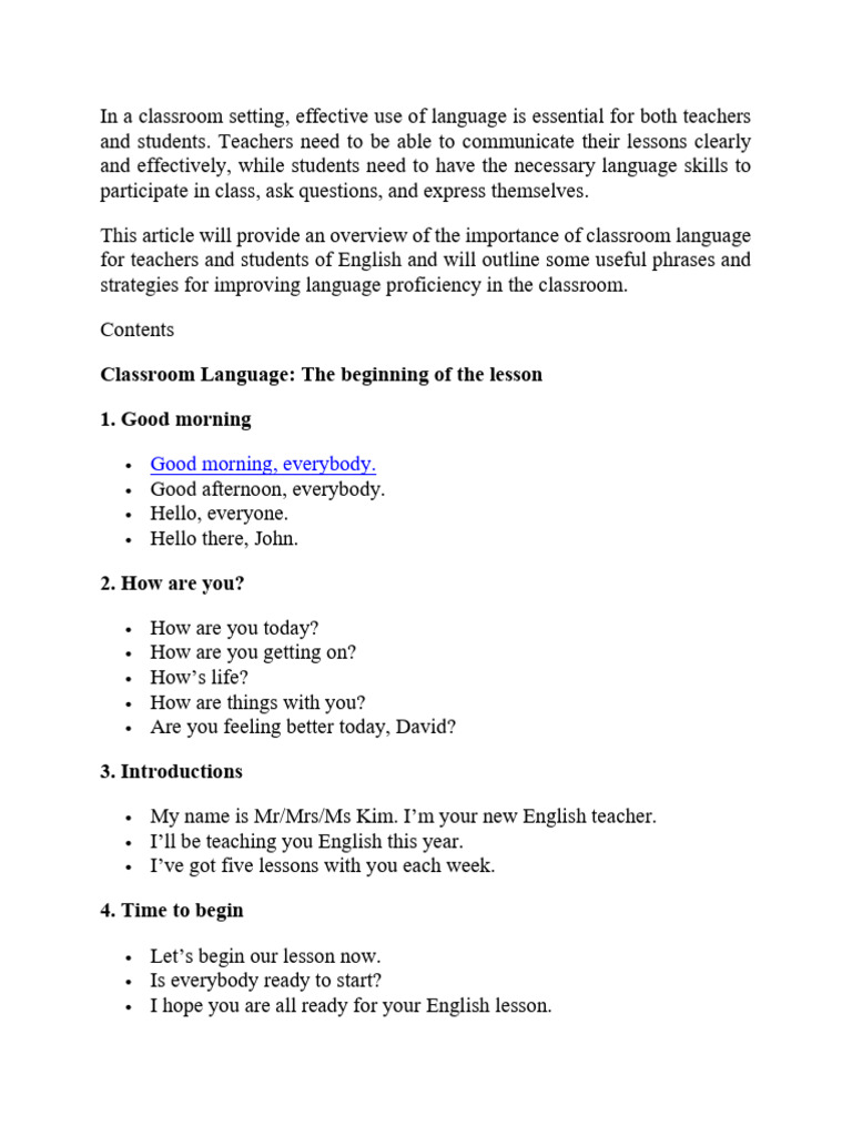 Classroom Language | PDF | Teachers | English Language
