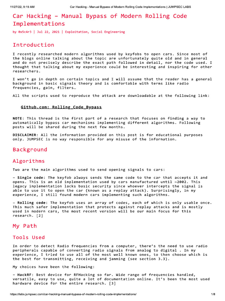 Car Hacking - Manual Bypass of Modern Rolling Code Implementations | PDF Car Hacking - Manual Bypass of Modern Rolling Code Implementations | PDF