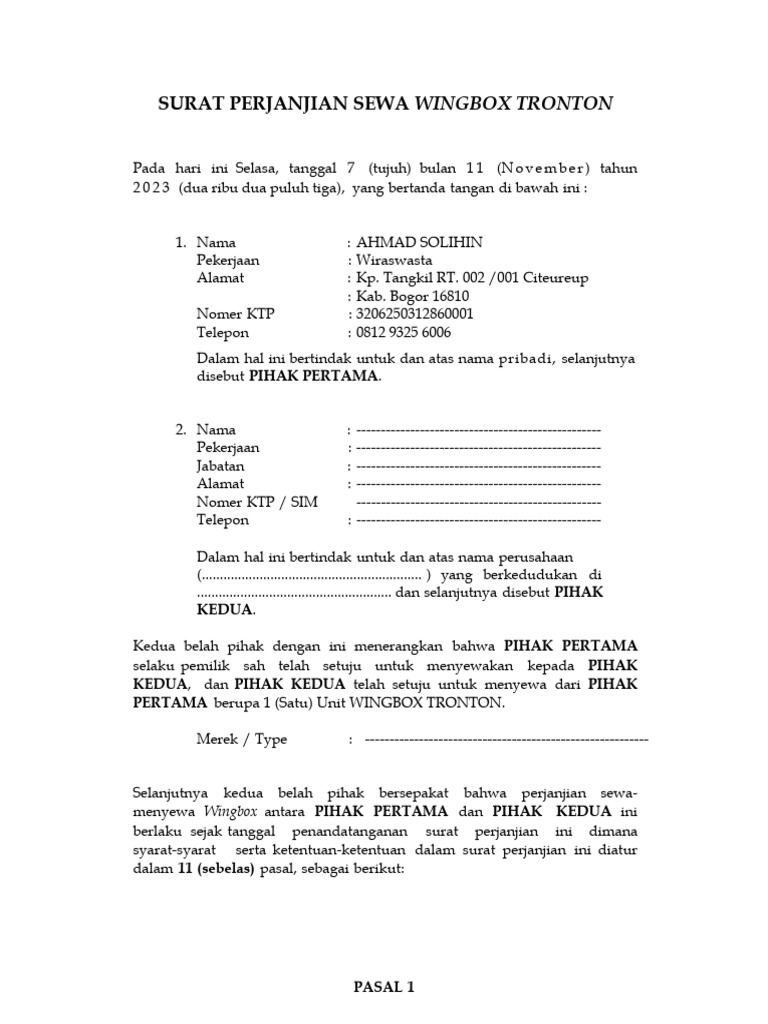 Contoh Surat Perjanjian Sewa Kendaraan Pdf