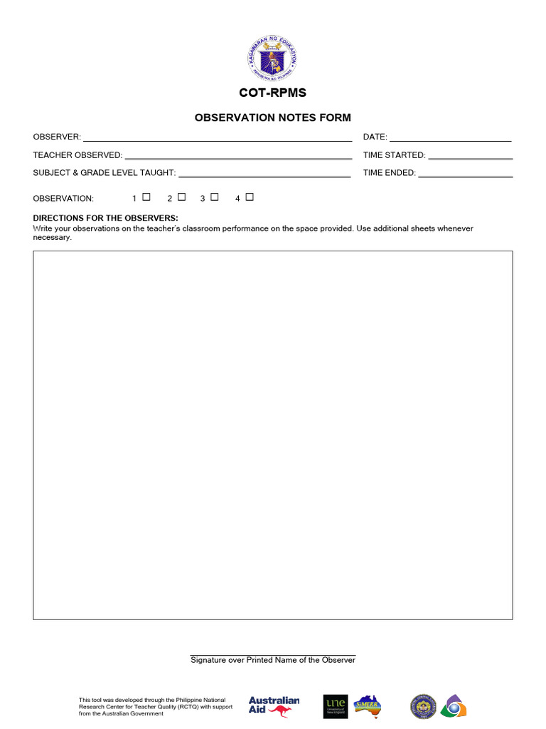 [Appendix C-08] COT-RPMS Observation Notes Form (1) | PDF