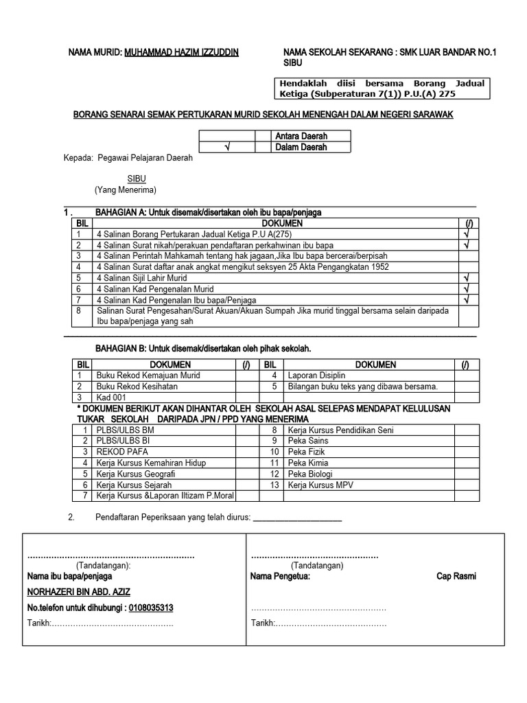 SM - Borang Senarai Semak Tukar - Pin-1-09 | PDF