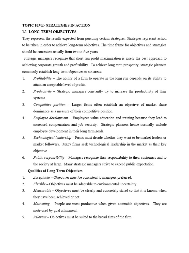 Topic Five - Strategies in Action | PDF | Strategic Management | Goal