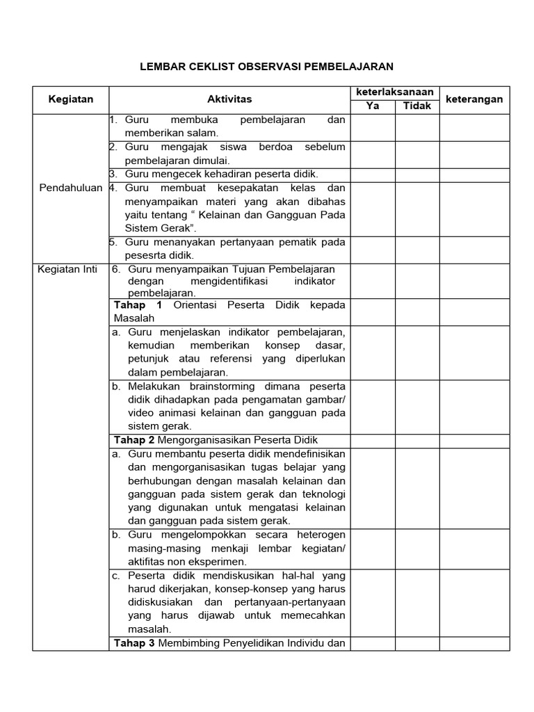 Lembar Ceklist Observasi Pembelajaran - Alfathesa Filoza | PDF