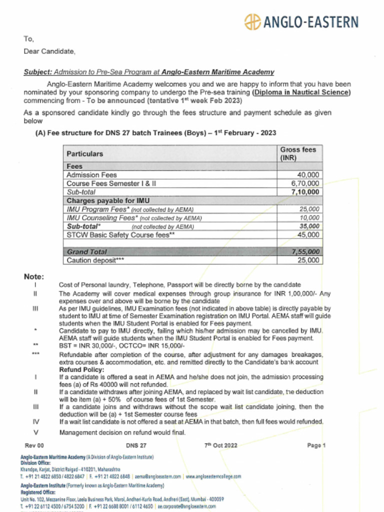 DNS 27 Boys Fee Structure | PDF