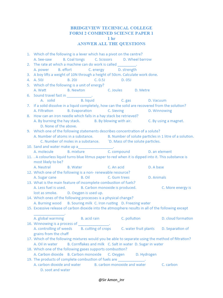 Form 2 Combined Science Mock Exam | PDF | Combustion | Water
