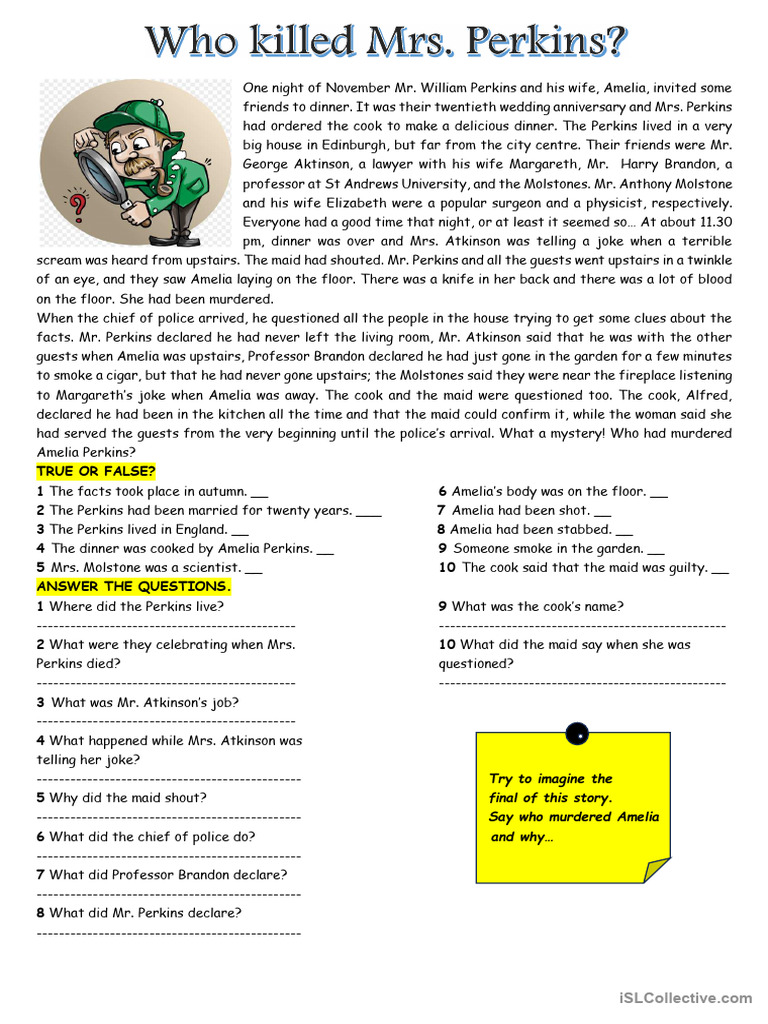 Reading Comprehension - Who Killed Mrs. Perkins | PDF | Mystery ...