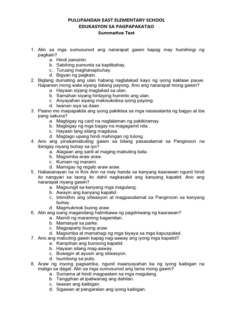 Esp 5 Summative Test Quarter 1 Pdf