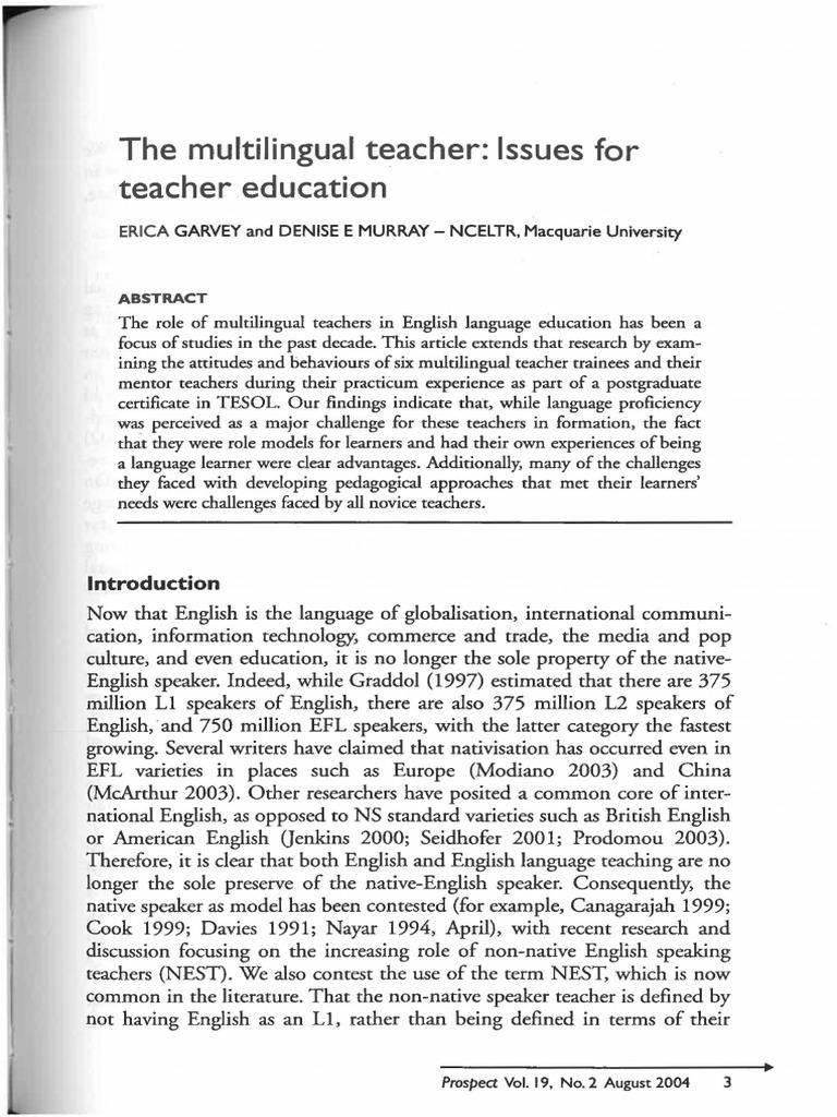 Garvey, E., & Murray, D. E. (2004) - The Multilingual Teacher Issues For Teacher Education ...